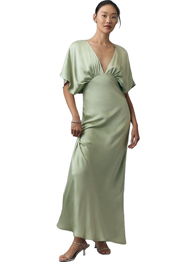 BHLDN Amelia Deep-V Flutter-Sleeve Satin A-Line Gown